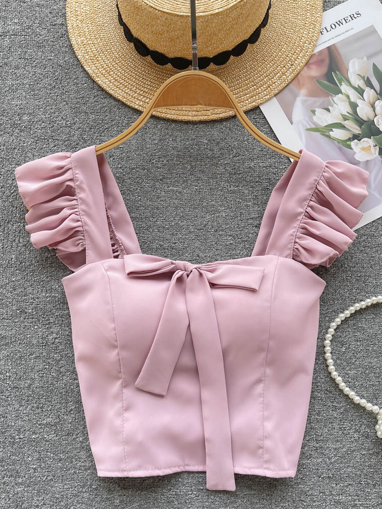 Ruffle Solid Camisole Backless Design Sleeveless Elastic Waist Fashion ...