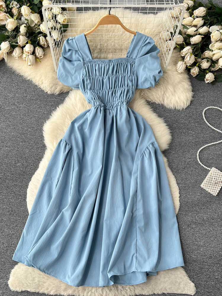 Women Dress Elegant Ruched High Waist Vintage Puff Sleeve Gothic Dress ...