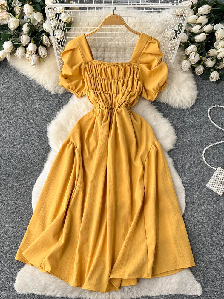 Women Dress Elegant Ruched High Waist Vintage Puff Sleeve Gothic Dress ...