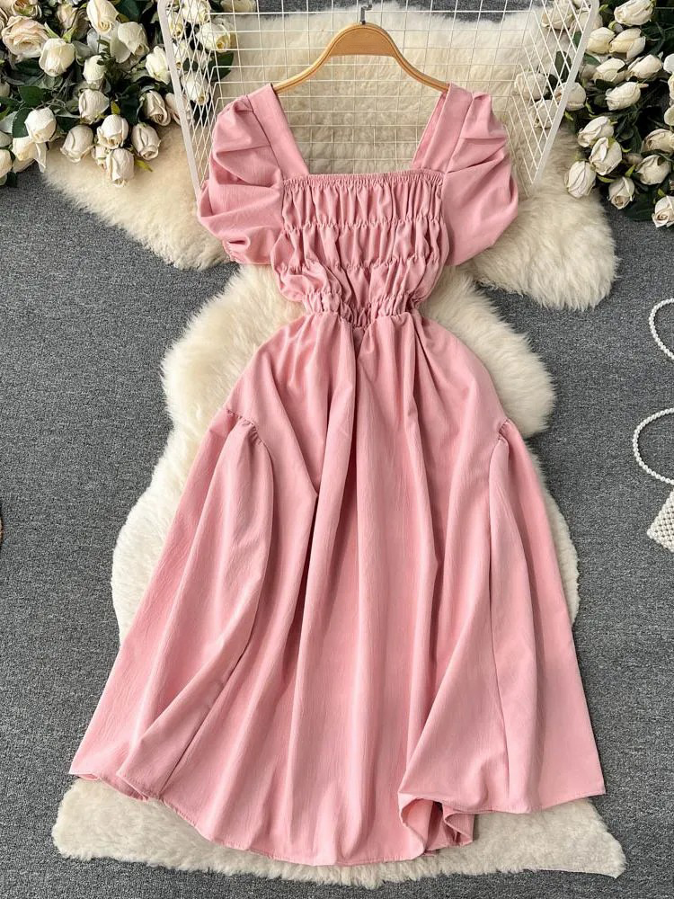 Women Dress Elegant Ruched High Waist Vintage Puff Sleeve Gothic Dress ...