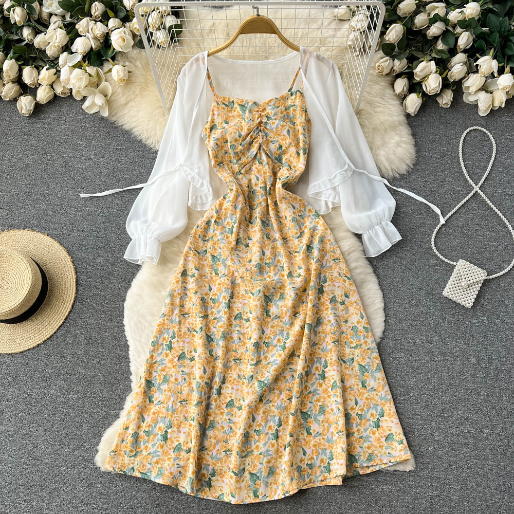 Women Dress Set Fashion Floral Print Strap Dress + White Chiffon Shawl ...