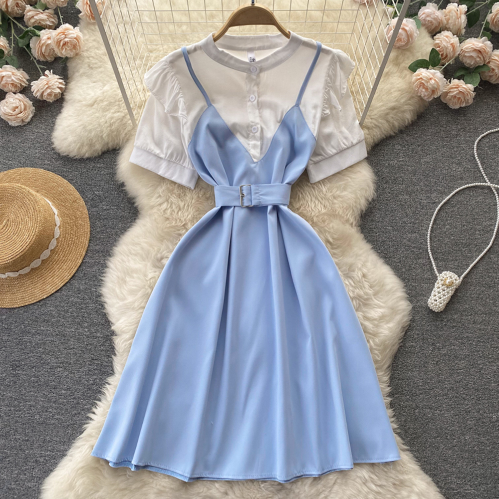 Women Shirt Dress Fashion Fake Two Piece Set Streetwear Midi Long Dress ...