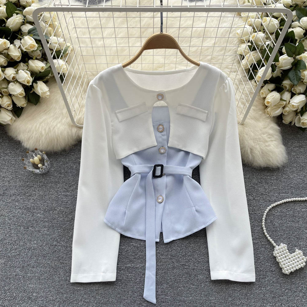 Patchwork Design Blouse Slim Women Long Sleeve O Neck Sashes Fashion ...
