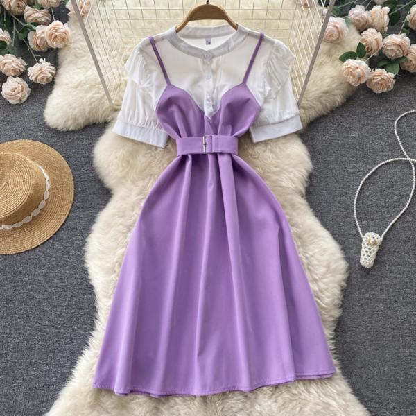 Women Shirt Dress Fashion Fake Two Piece Set Streetwear Midi Long Dress ...