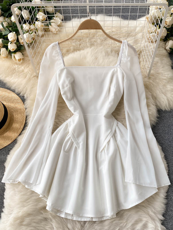 High Waist A-line Mini Dress Women Long Flare Sleeve Party Dress White ...