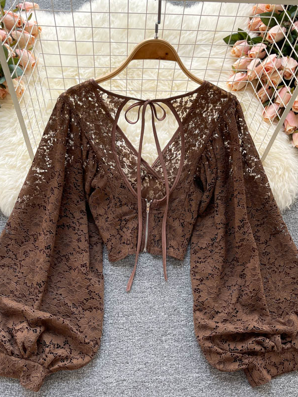 Sexy Backless Lace Shirt Hollow Out Transparent Short Blouse Women ...