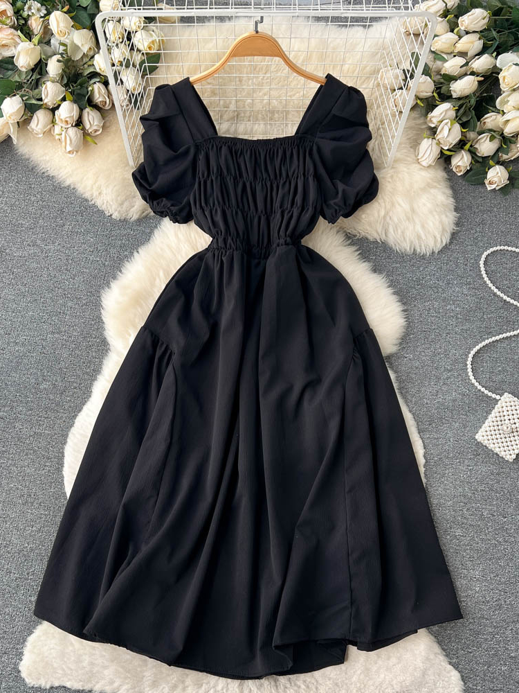 Women Dress Elegant Ruched High Waist Vintage Puff Sleeve Gothic Dress ...