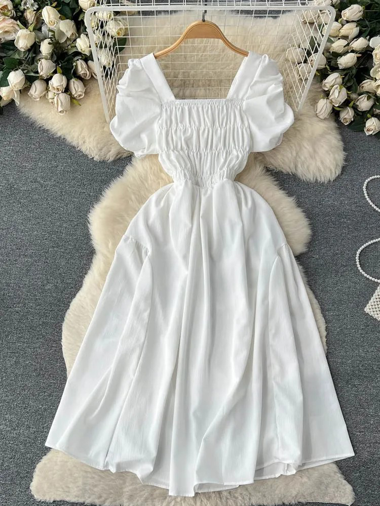 Women Dress Elegant Ruched High Waist Vintage Puff Sleeve Gothic Dress ...