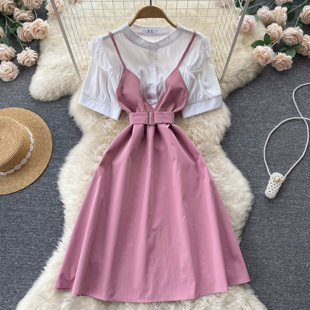 Women Shirt Dress Fashion Fake Two Piece Set Streetwear Midi Long Dress ...