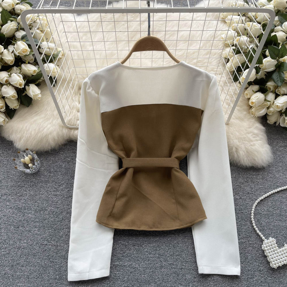 Patchwork Design Blouse Slim Women Long Sleeve O Neck Sashes Fashion ...