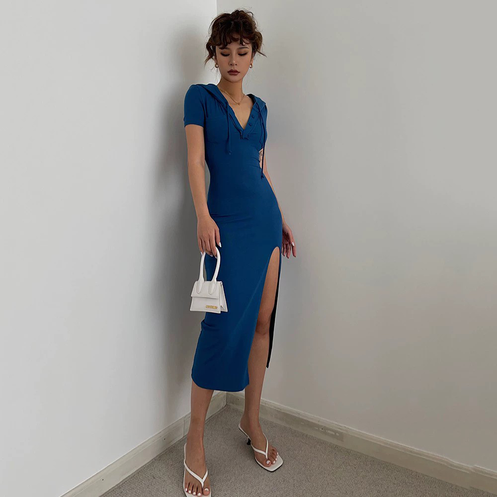 Sexy Split Short Sleeve Hooded Wrap Buttocks Dress Prom Dress Bodycon ...