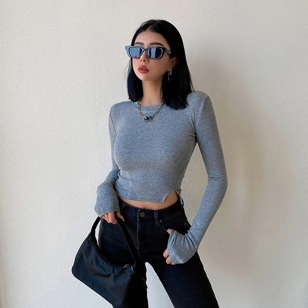 Front And Back Slit Long-sleeved Bottoming T-shirt Sexy Midriff-baring ...