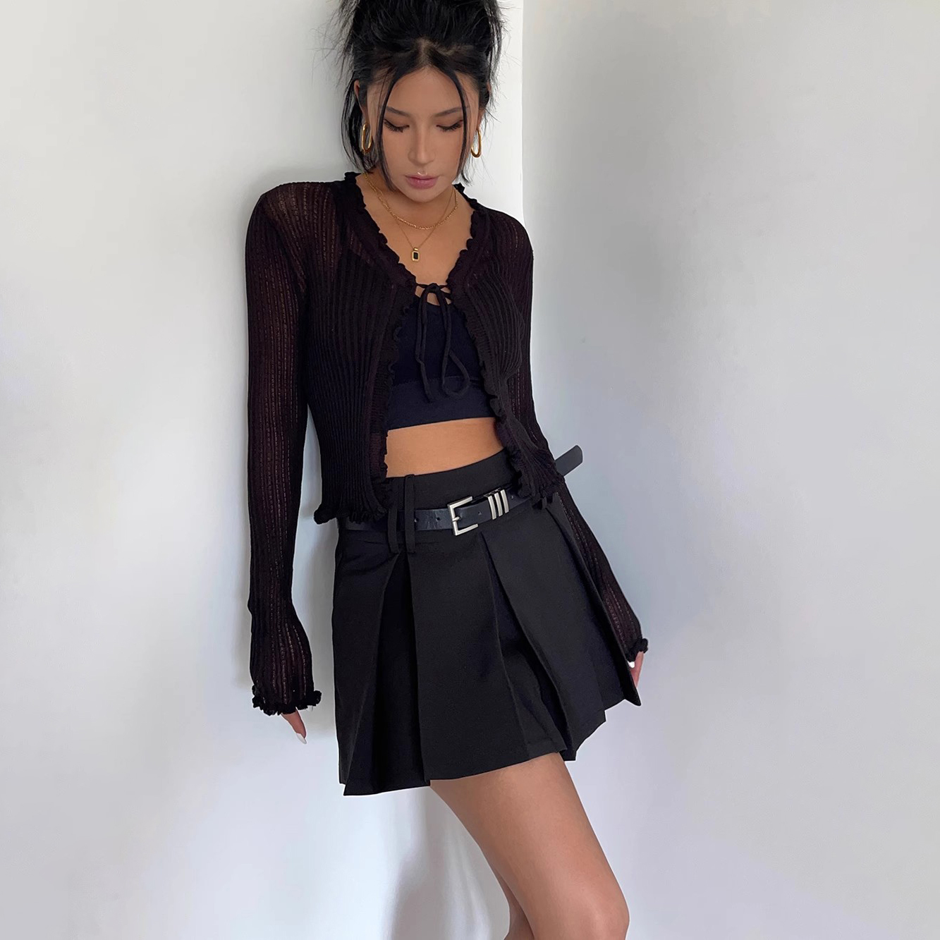 Solid A-line Flared Hem Belted Skirt on Luulla