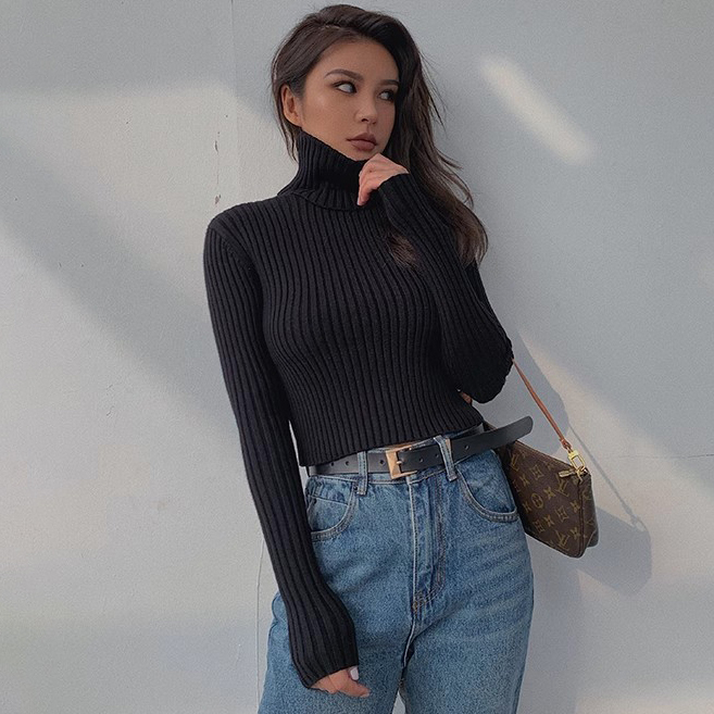 Women's Mock Neck Rib-knit Long Sleeve Crop Sweater on Luulla